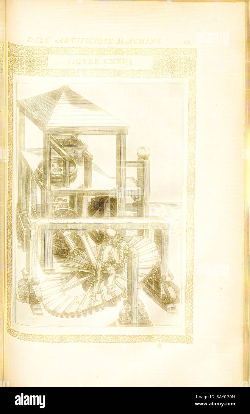 An intricate illustration of a waterwheel mechanism, showcasing a ...