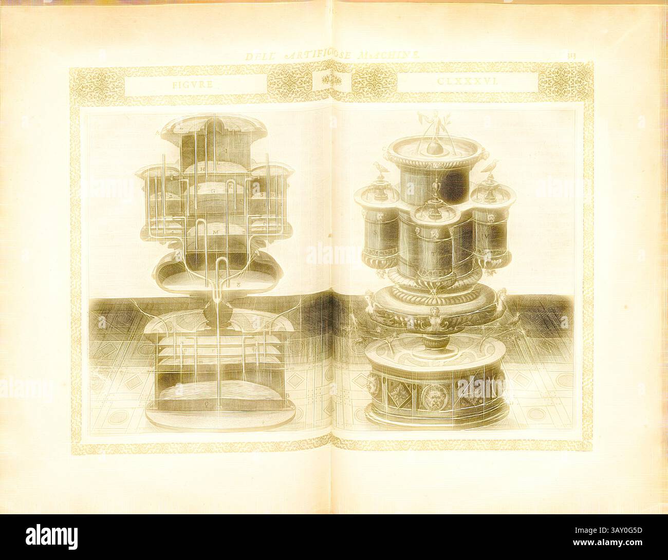 An intricate illustration of two elaborate mechanical devices ...