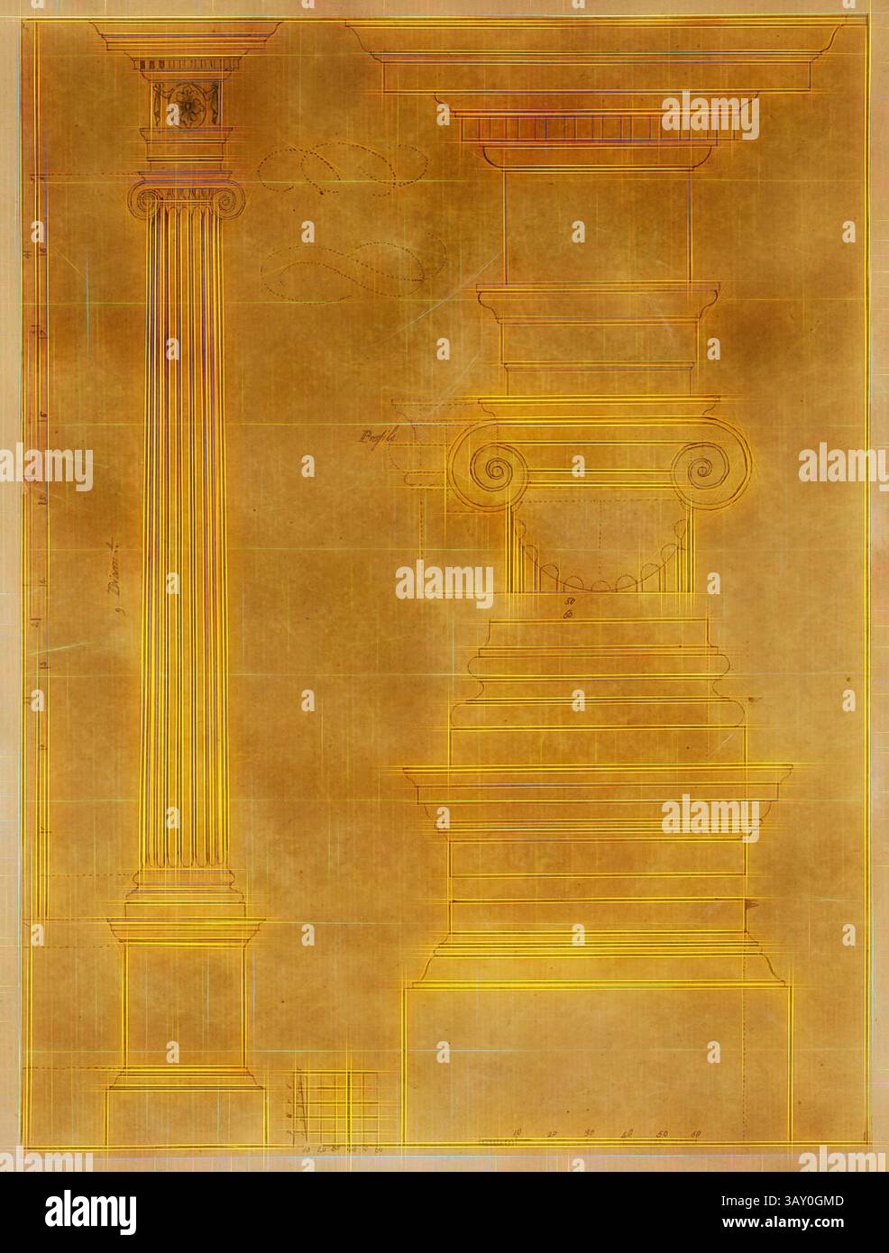 A detailed architectural blueprint showcasing classical columns ...