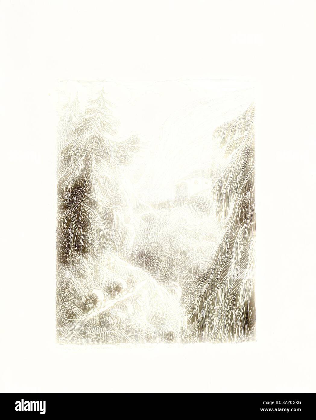 A serene landscape features tall trees framing a gentle slope that ...