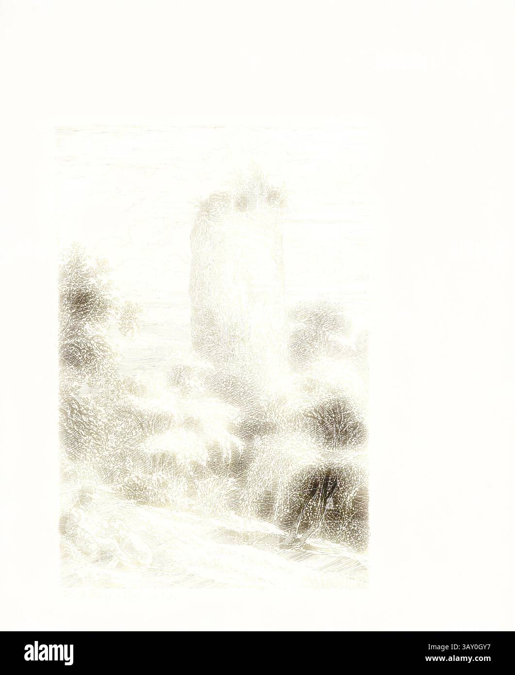 A serene landscape showcases softly textured foliage and a distant ...