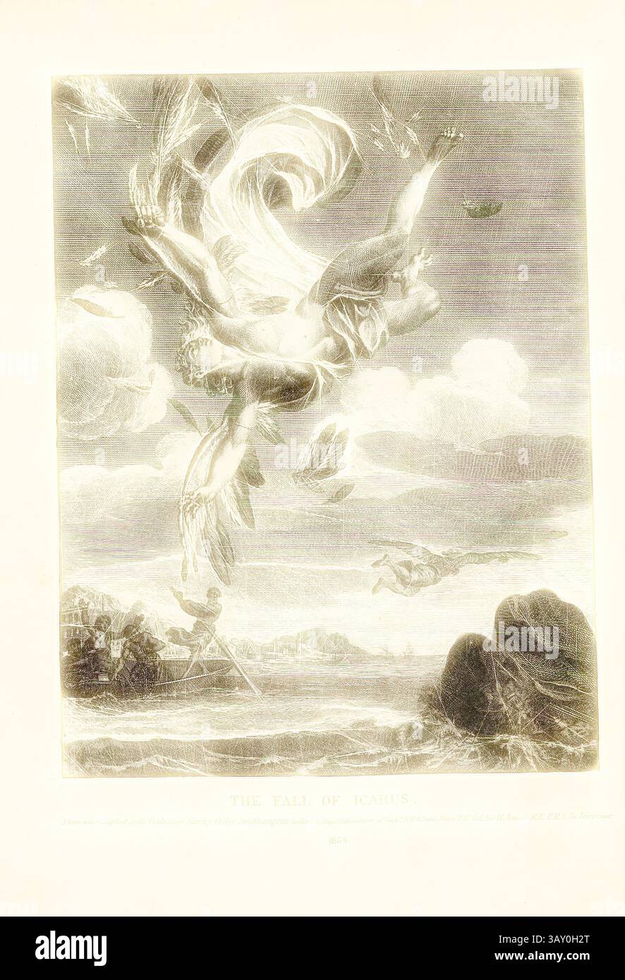 A dramatic scene depicting the mythological moment of Icarus's fall ...