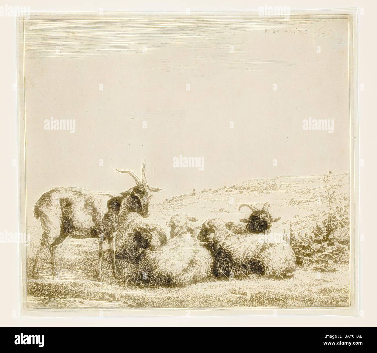 A group of goats resting in a serene landscape, with one standing ...