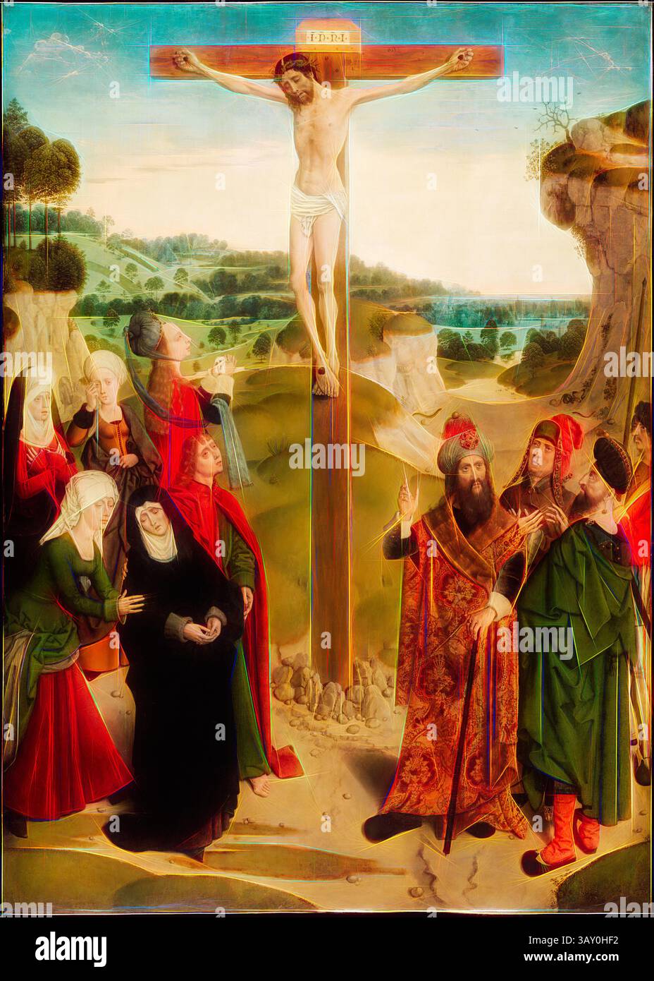A dramatic scene of the crucifixion, depicting Jesus on the cross surrounded by a diverse group ...