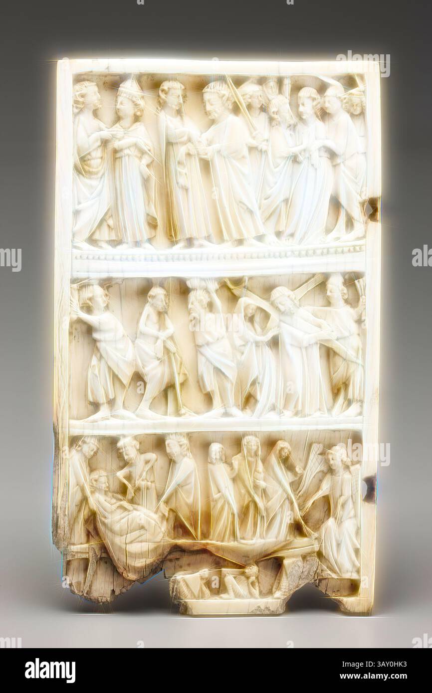 An intricately carved ivory panel featuring scenes of historical or ...