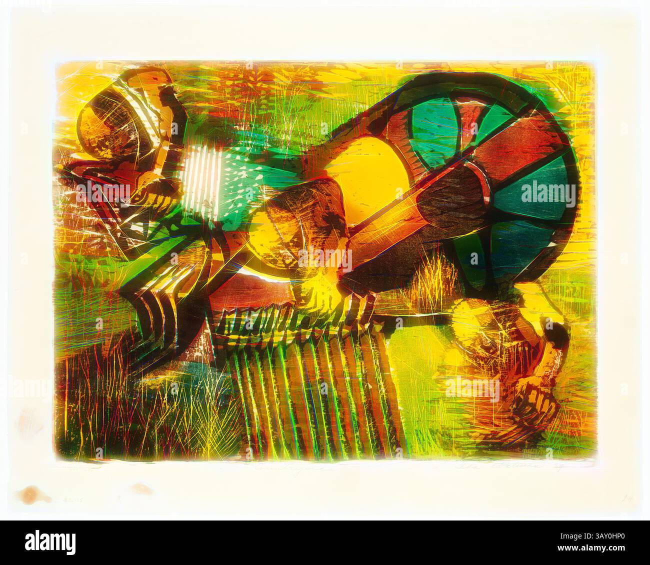 An abstract composition featuring vibrant colors and dynamic forms ...