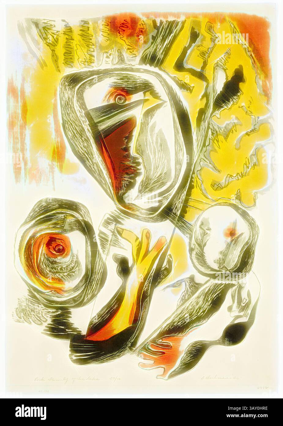 An abstract composition featuring three figures with expressive faces ...