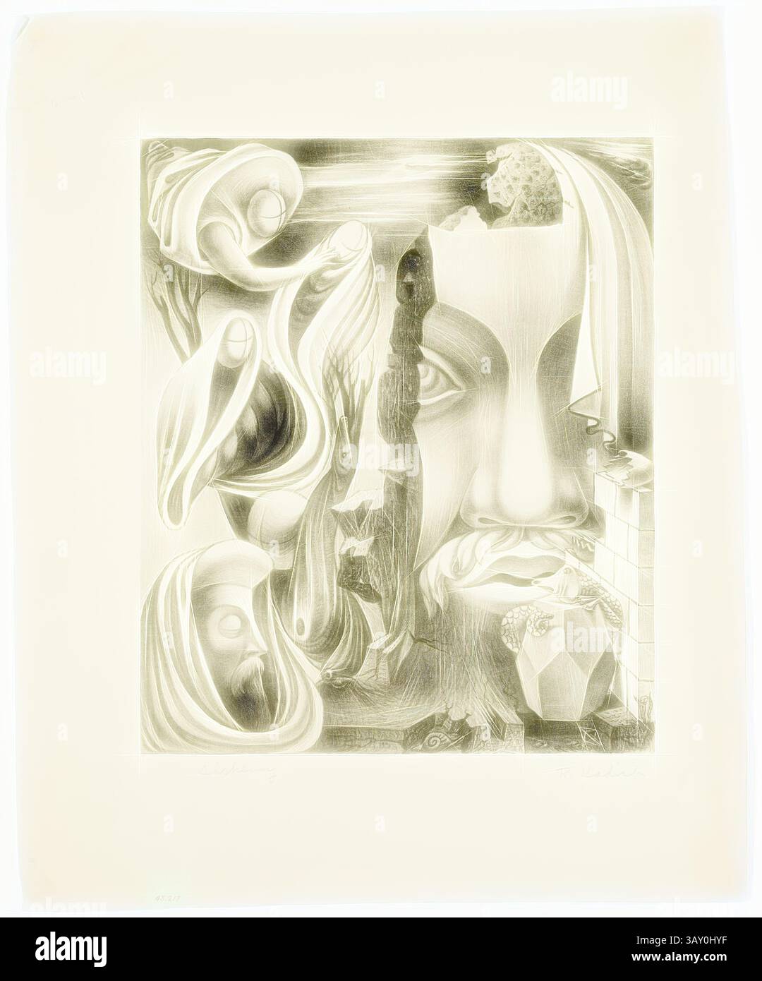 An intricate composition featuring a blend of abstract figures and ...