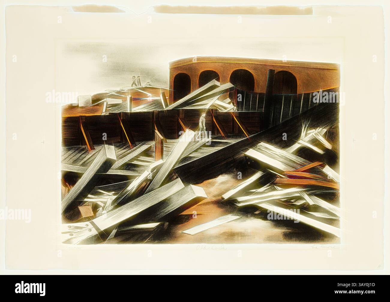 A chaotic scene of debris and disarray, featuring a jumble of wooden ...