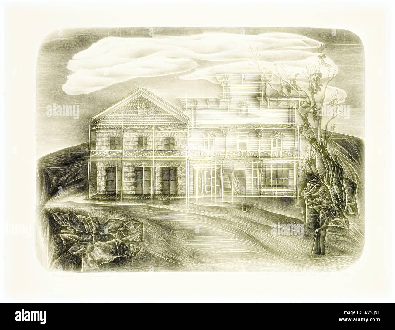 A detailed illustration of a large, two-story house with intricate ...