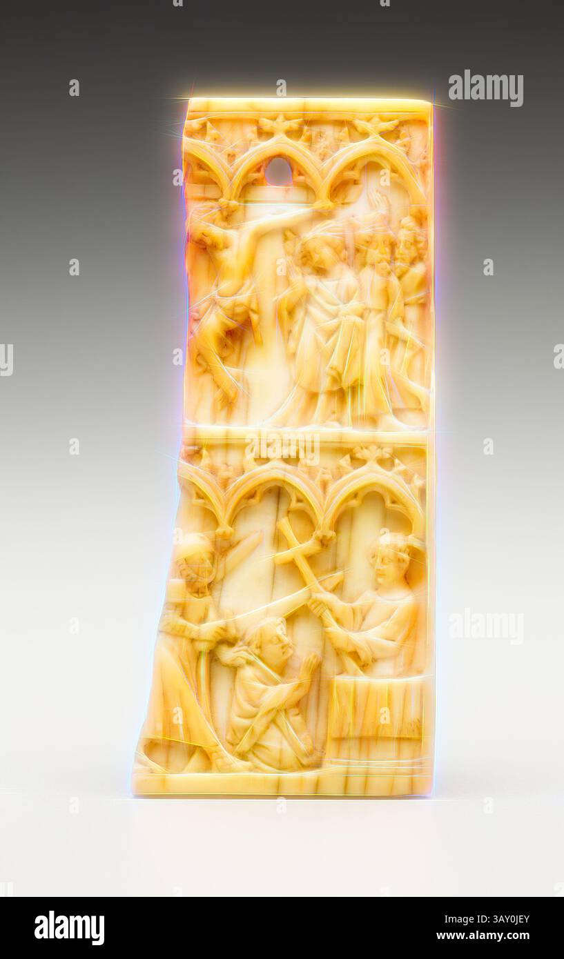 An intricately carved ivory panel depicting a medieval scene, featuring ...