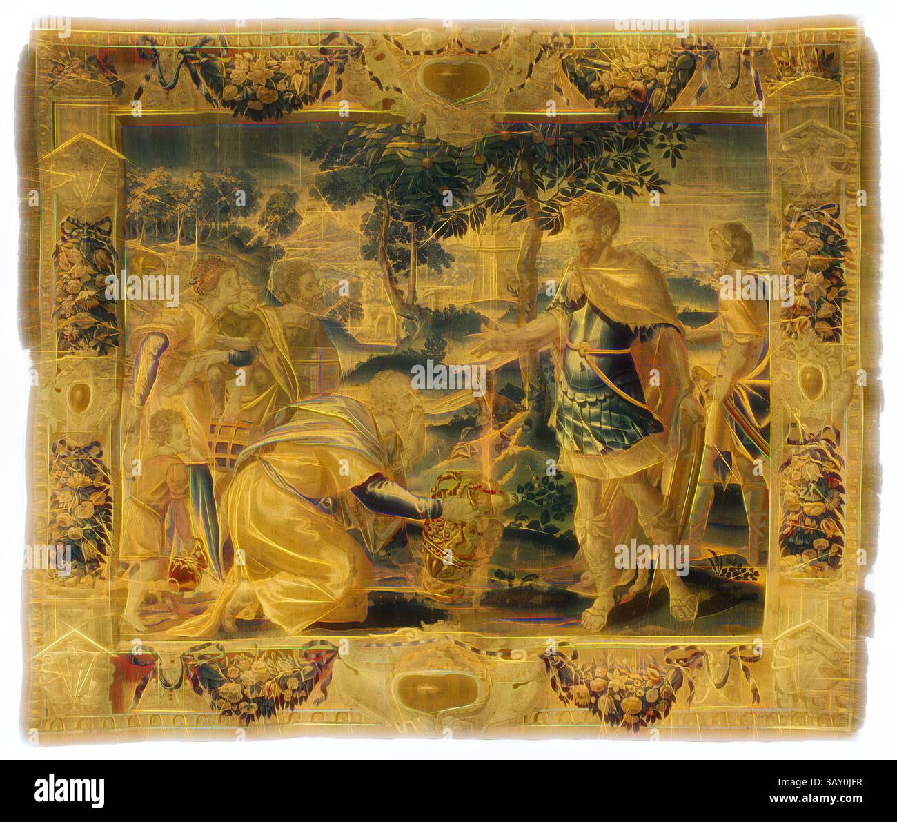A scene depicting a historical figure interacting with a group of ...