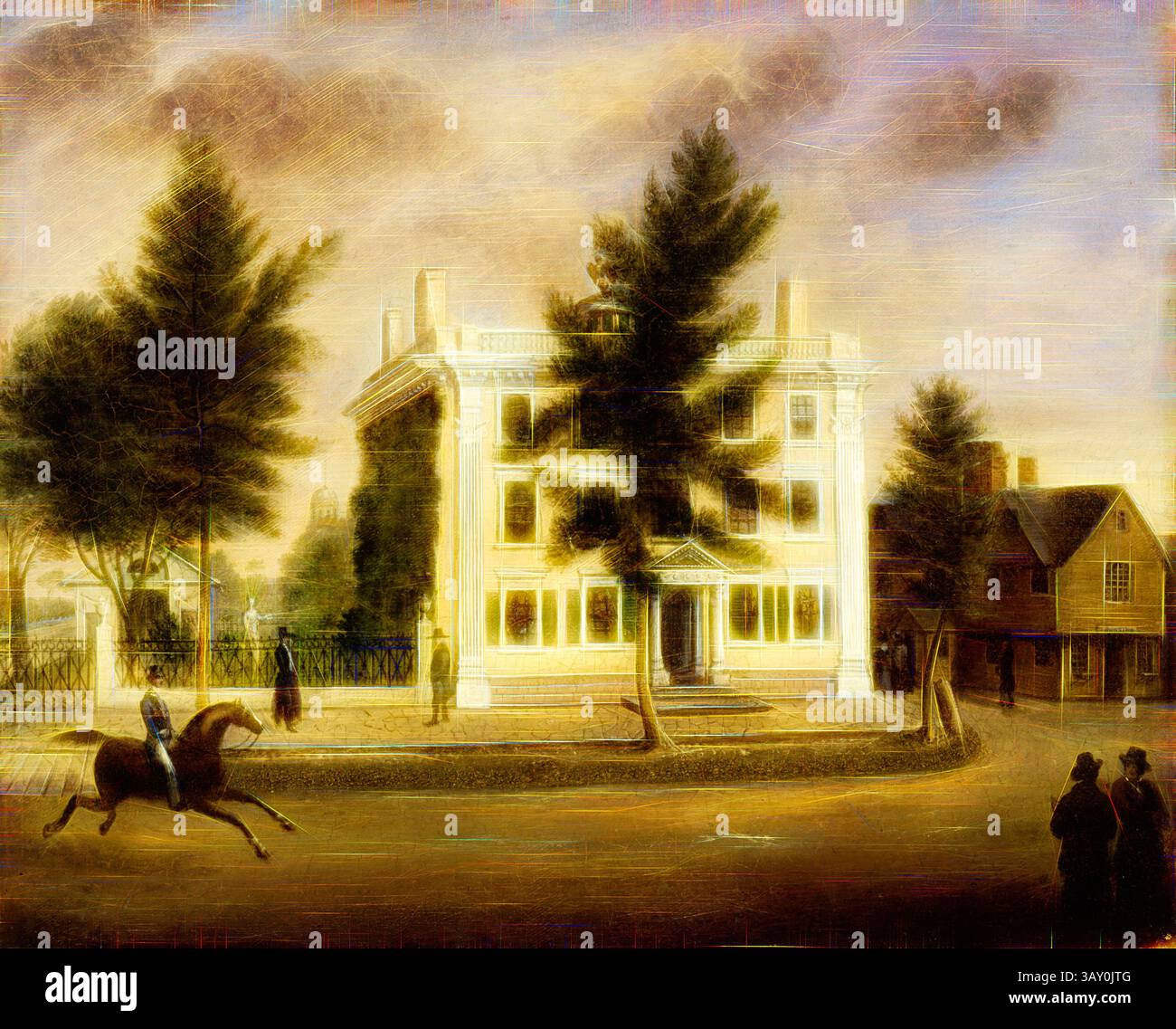 A grand, historic mansion stands prominently, surrounded by lush trees ...