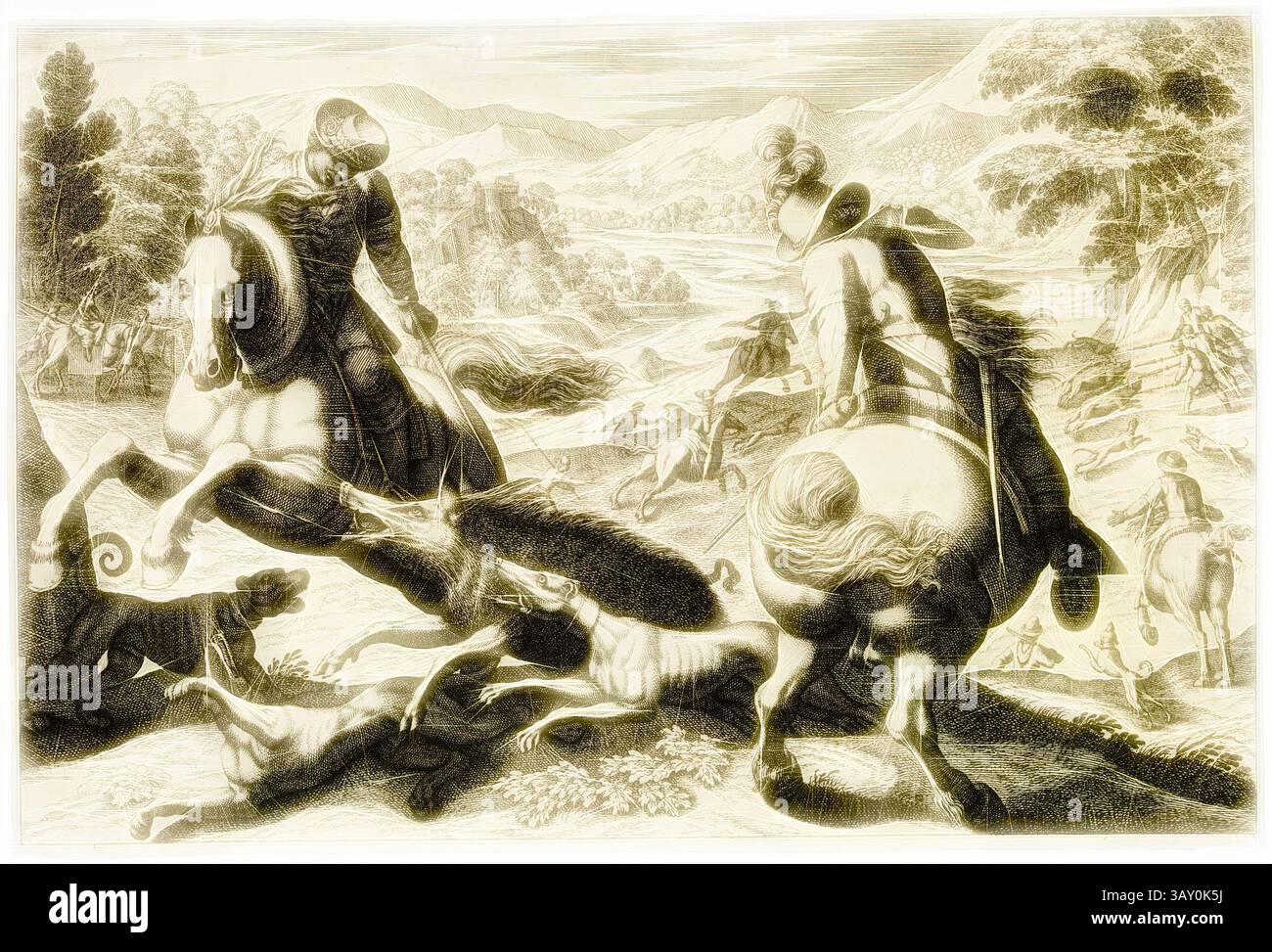 A dynamic scene depicting a cavalry charge, with riders on horseback ...