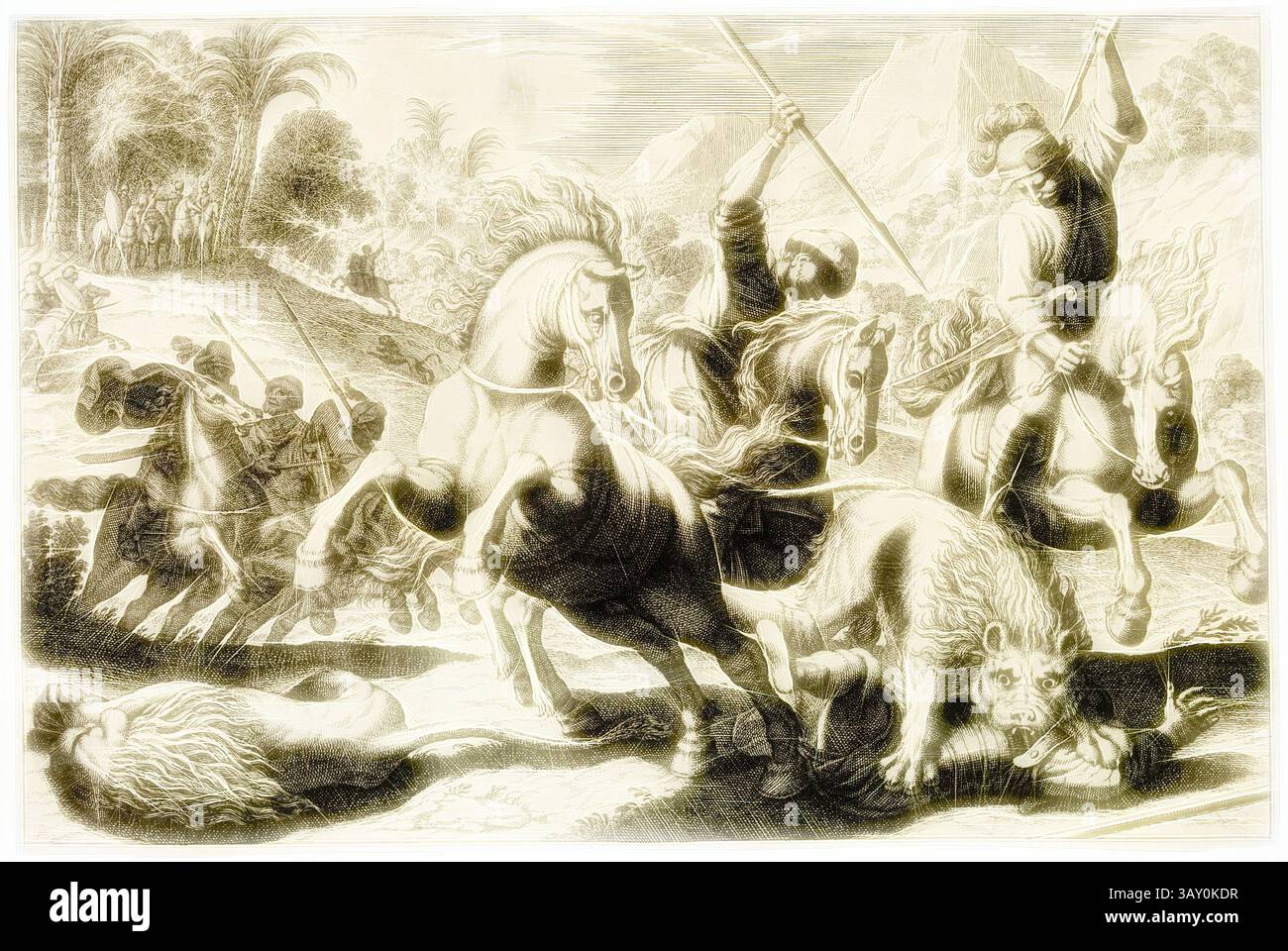 A dynamic scene depicts a fierce battle between mounted warriors and a ...