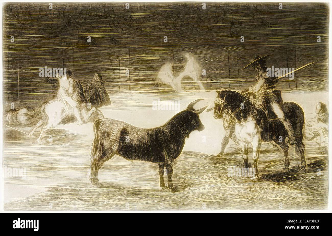 A dramatic scene unfolds with figures on horseback and a lone bull at ...