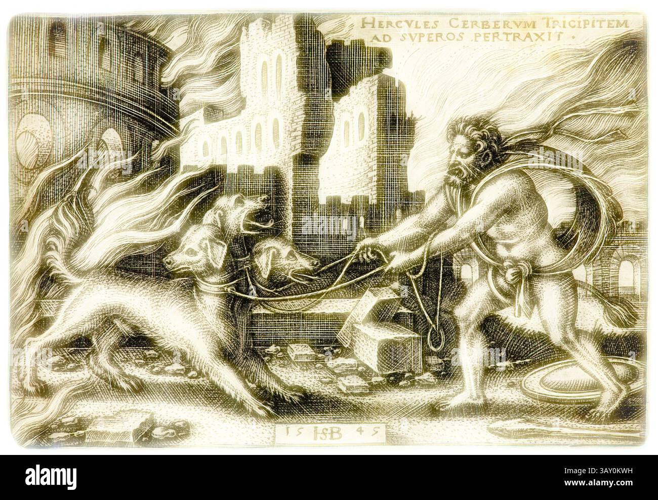 Hercules grapples with Cerberus, the three-headed dog, amidst the ruins ...
