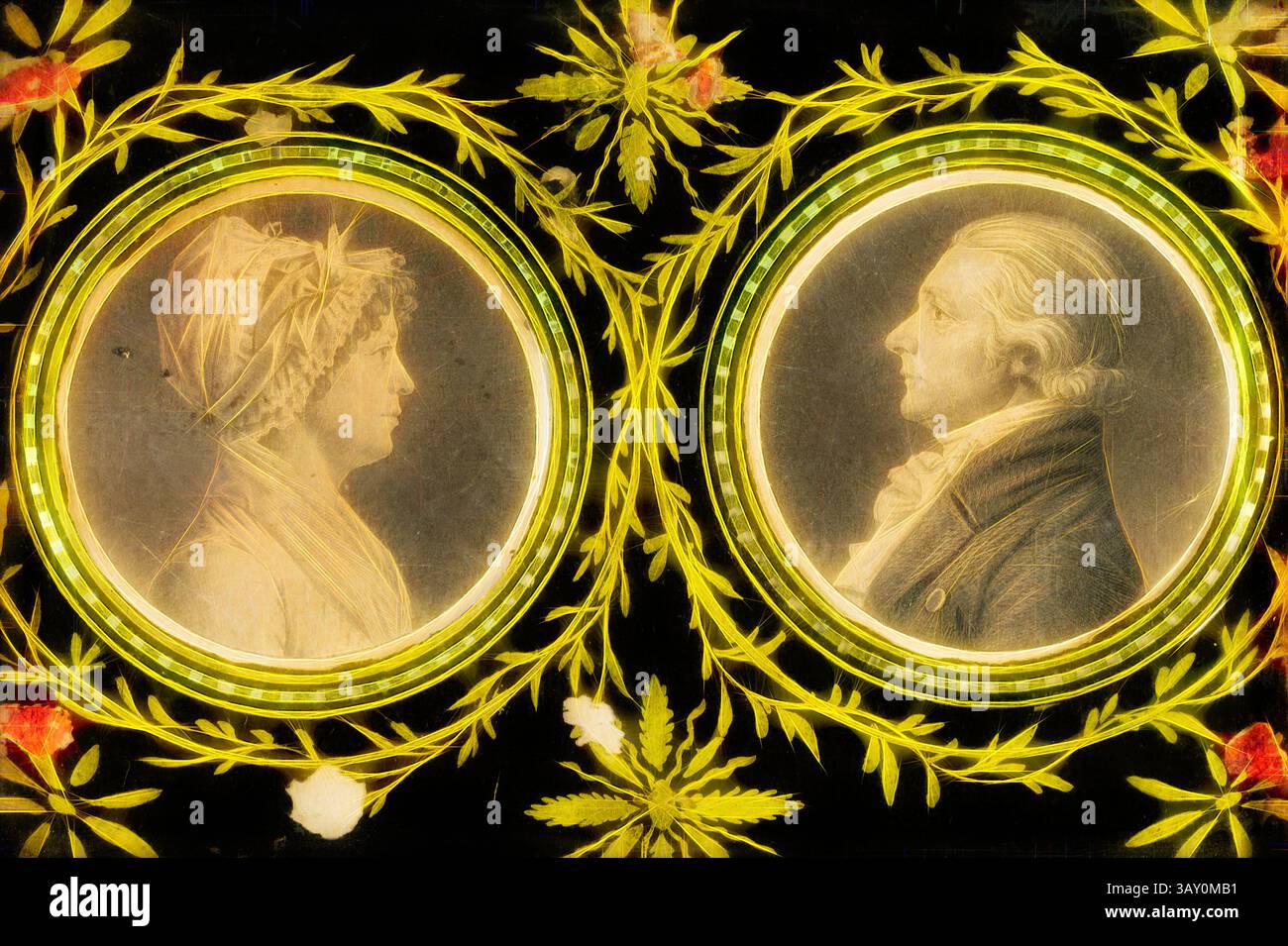 Two ornate circular portraits feature a man and a woman in profile ...