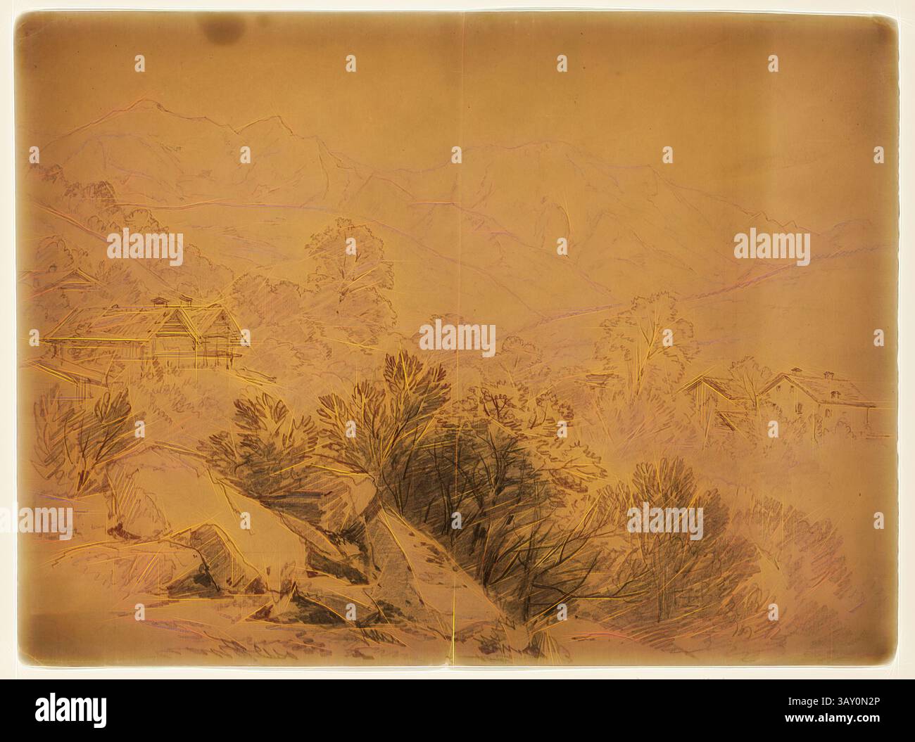 A tranquil landscape showcases a serene mountainous backdrop, framed by ...