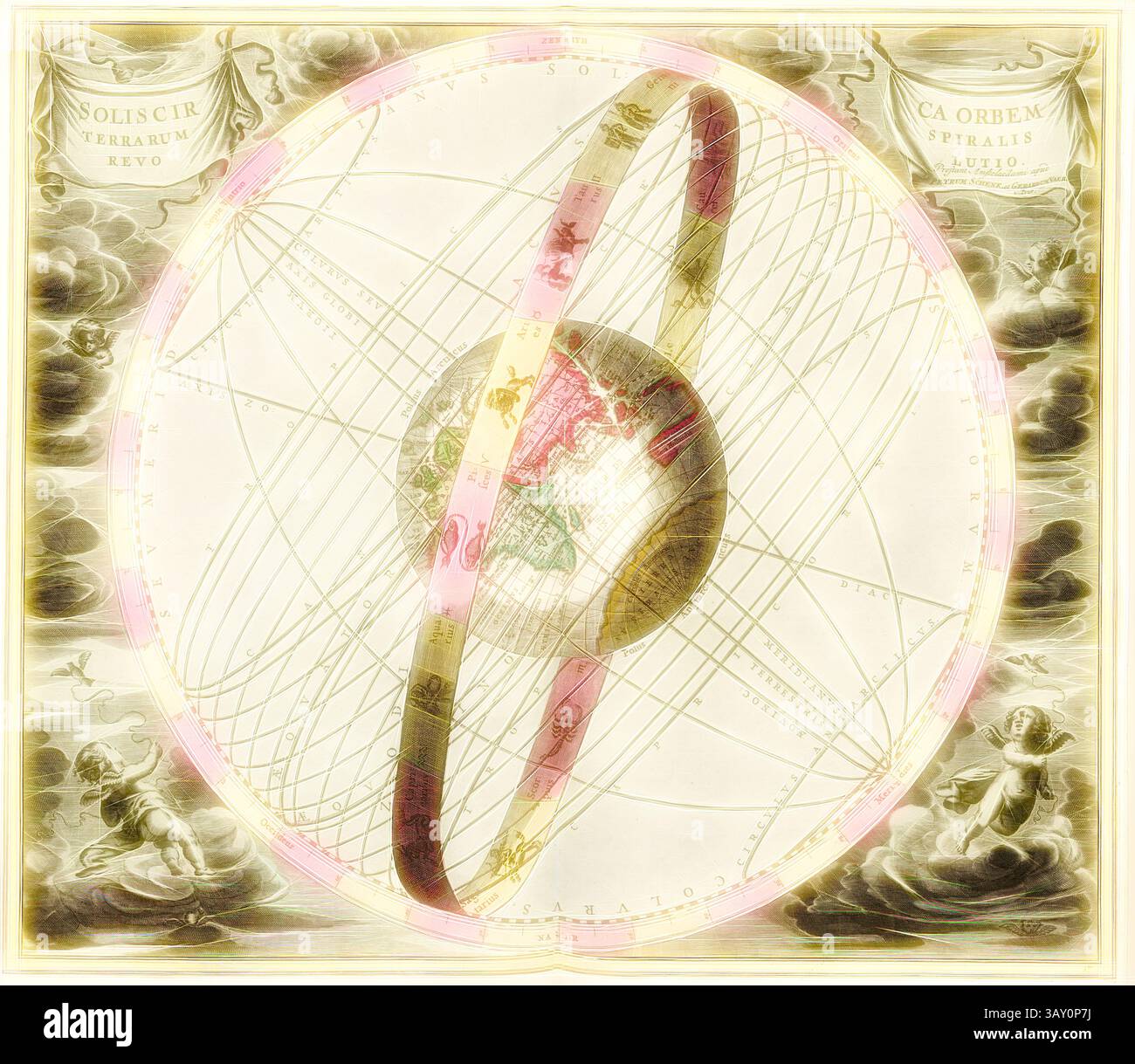 An ornate celestial map featuring a detailed depiction of the Earth at ...