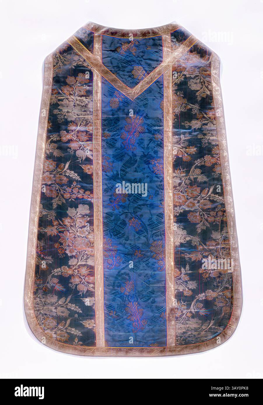 An intricately designed garment featuring a rich floral pattern, predominantly in deep blues and ...