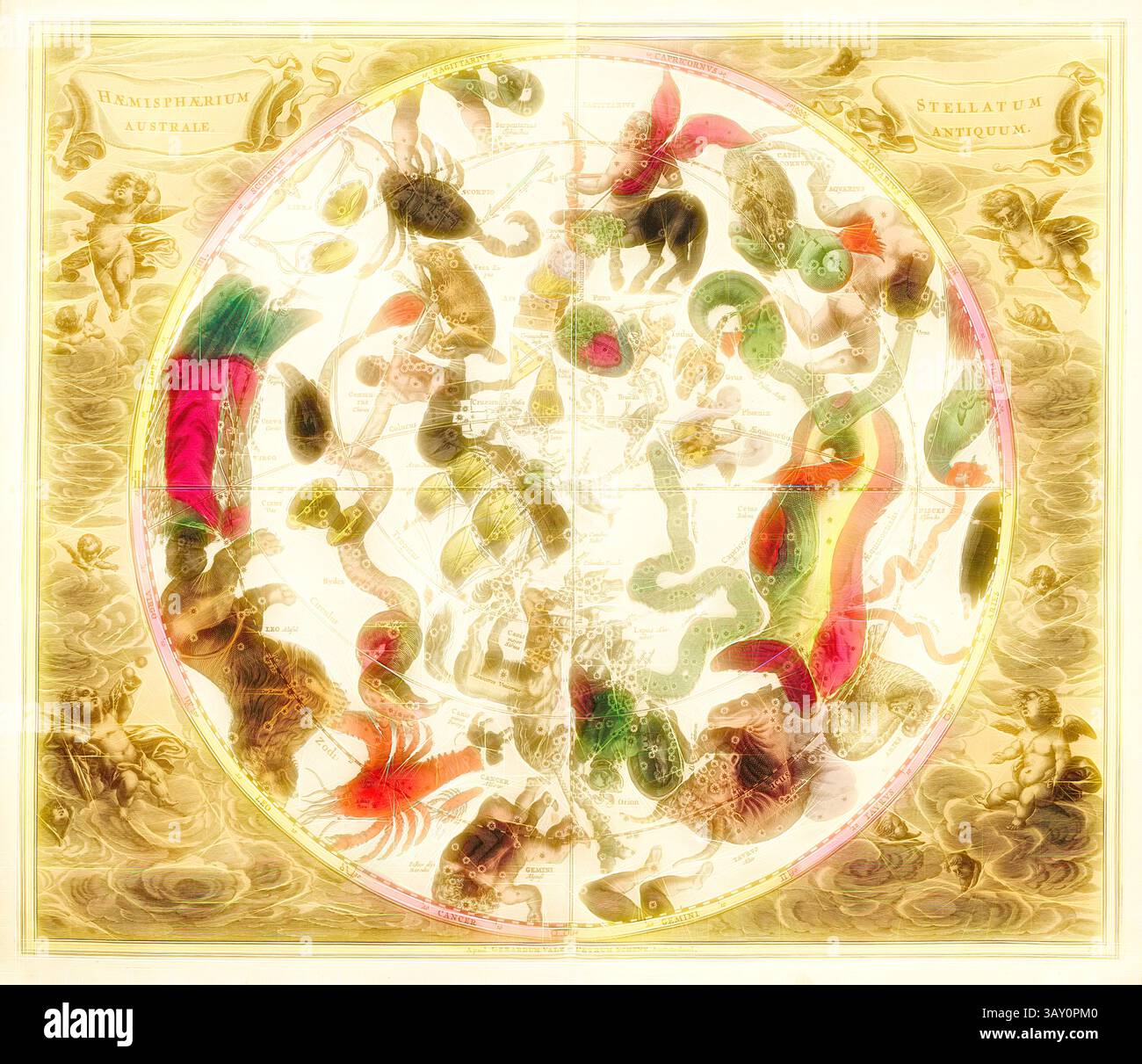 An intricate celestial map featuring various constellations, adorned ...