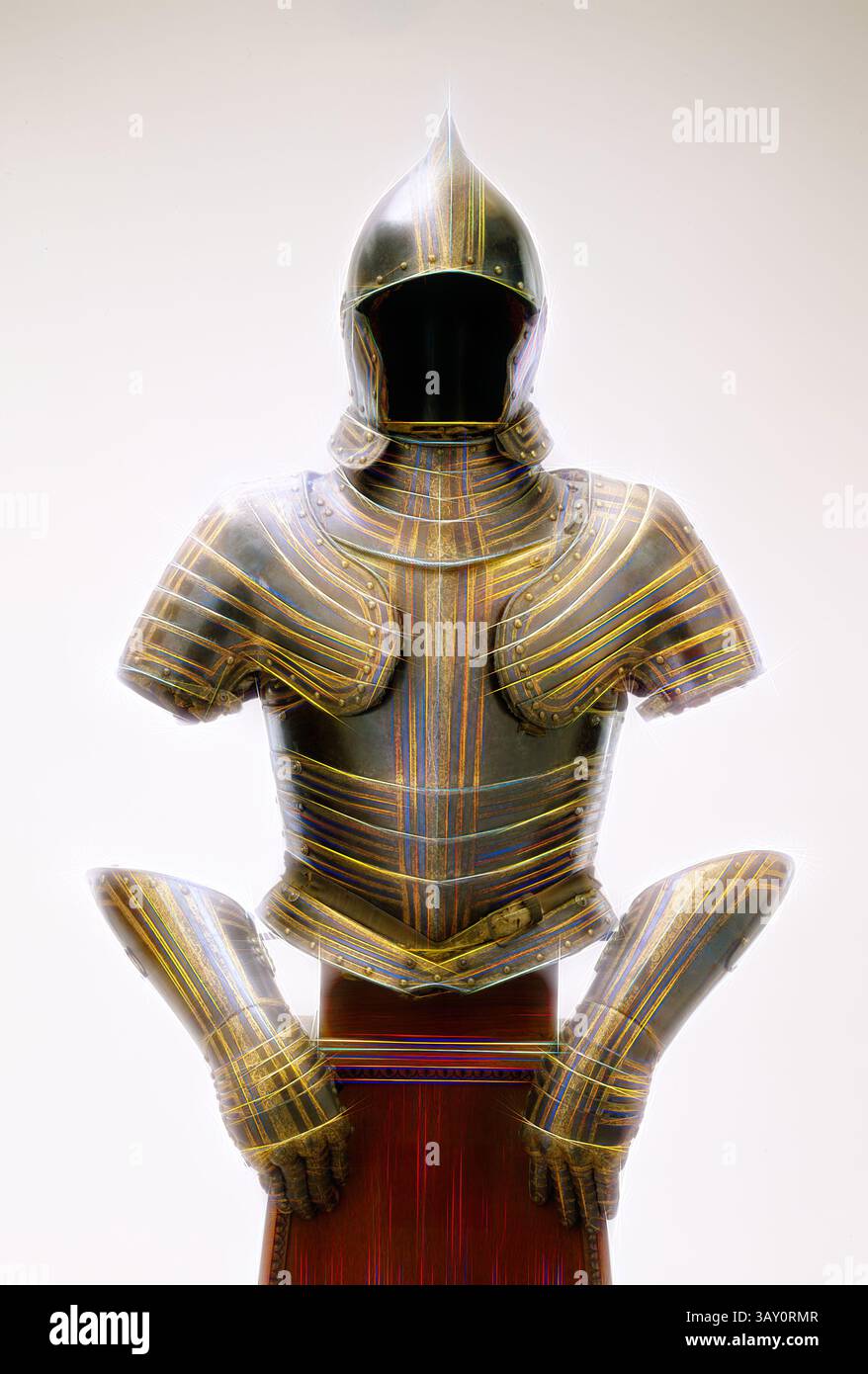 An intricately designed suit of armor, featuring ornate detailing and ...