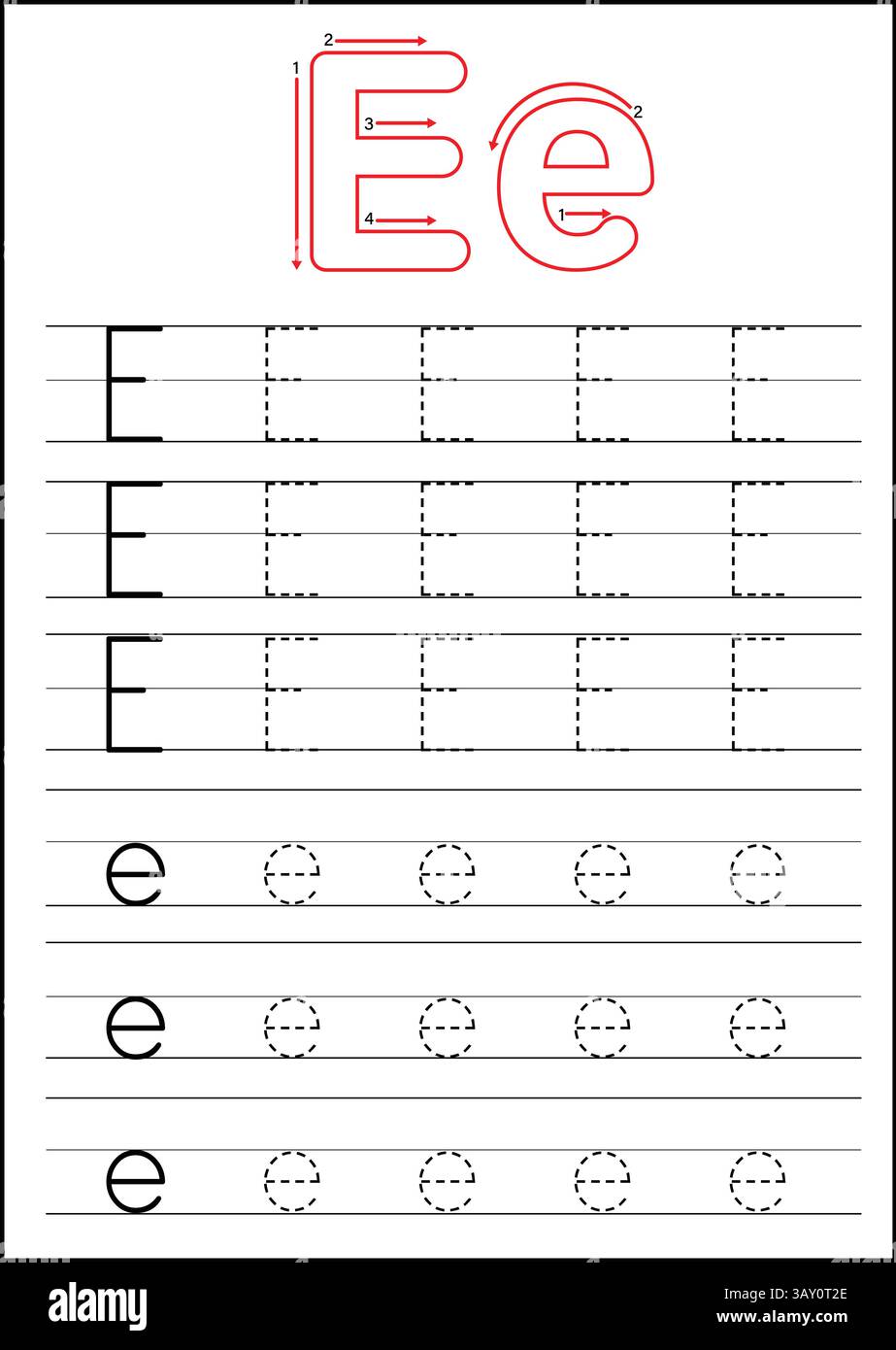 Writing practice letter E printable worksheet for preschool Stock ...