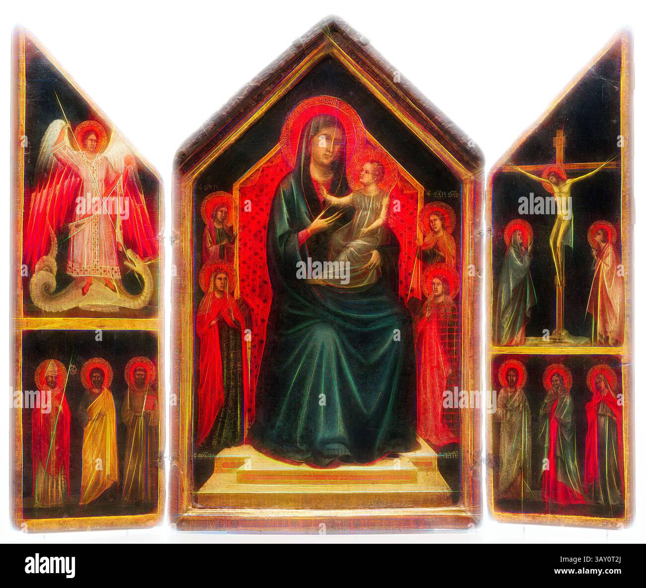 A religious artwork featuring a central depiction of the Madonna and Child, surrounded by ...