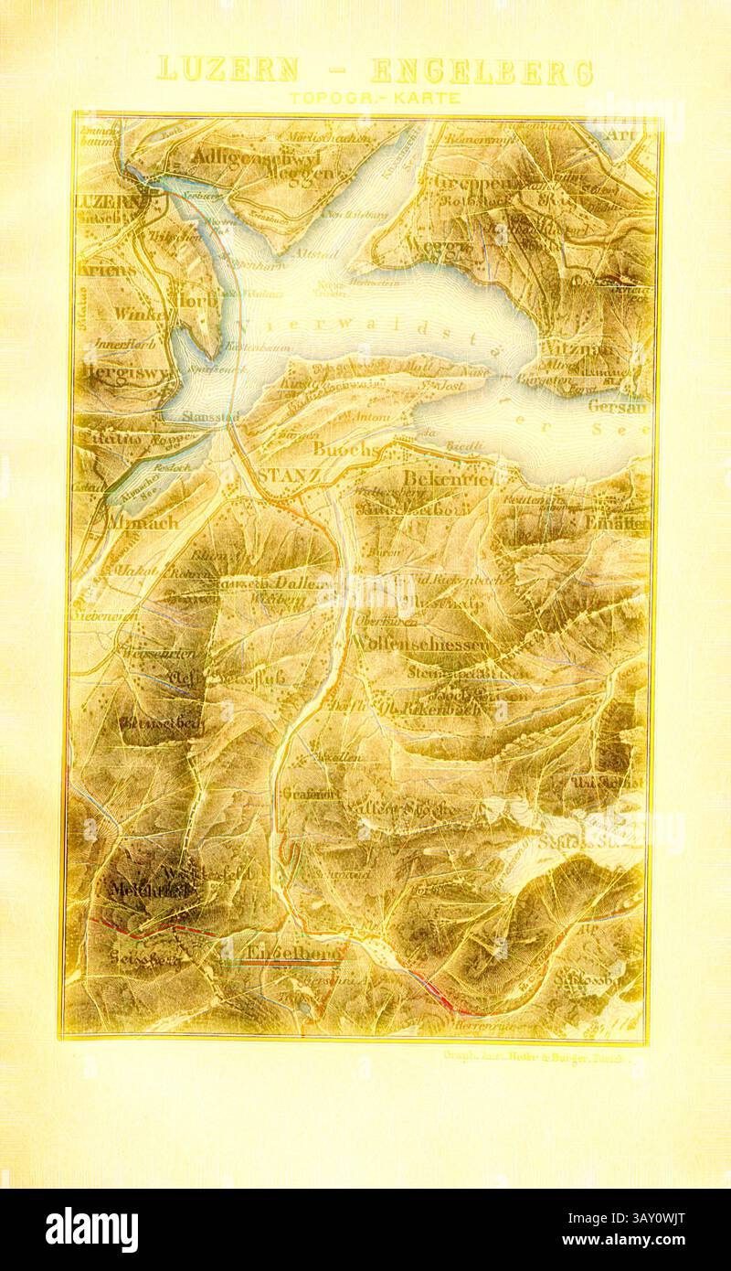 A vintage topographic map depicting the landscape between Luzern and ...