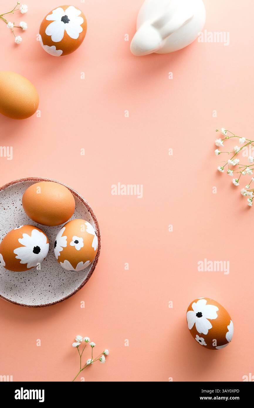 Easter vertical banner or poster design. Painted Easter eggs, bunny ...