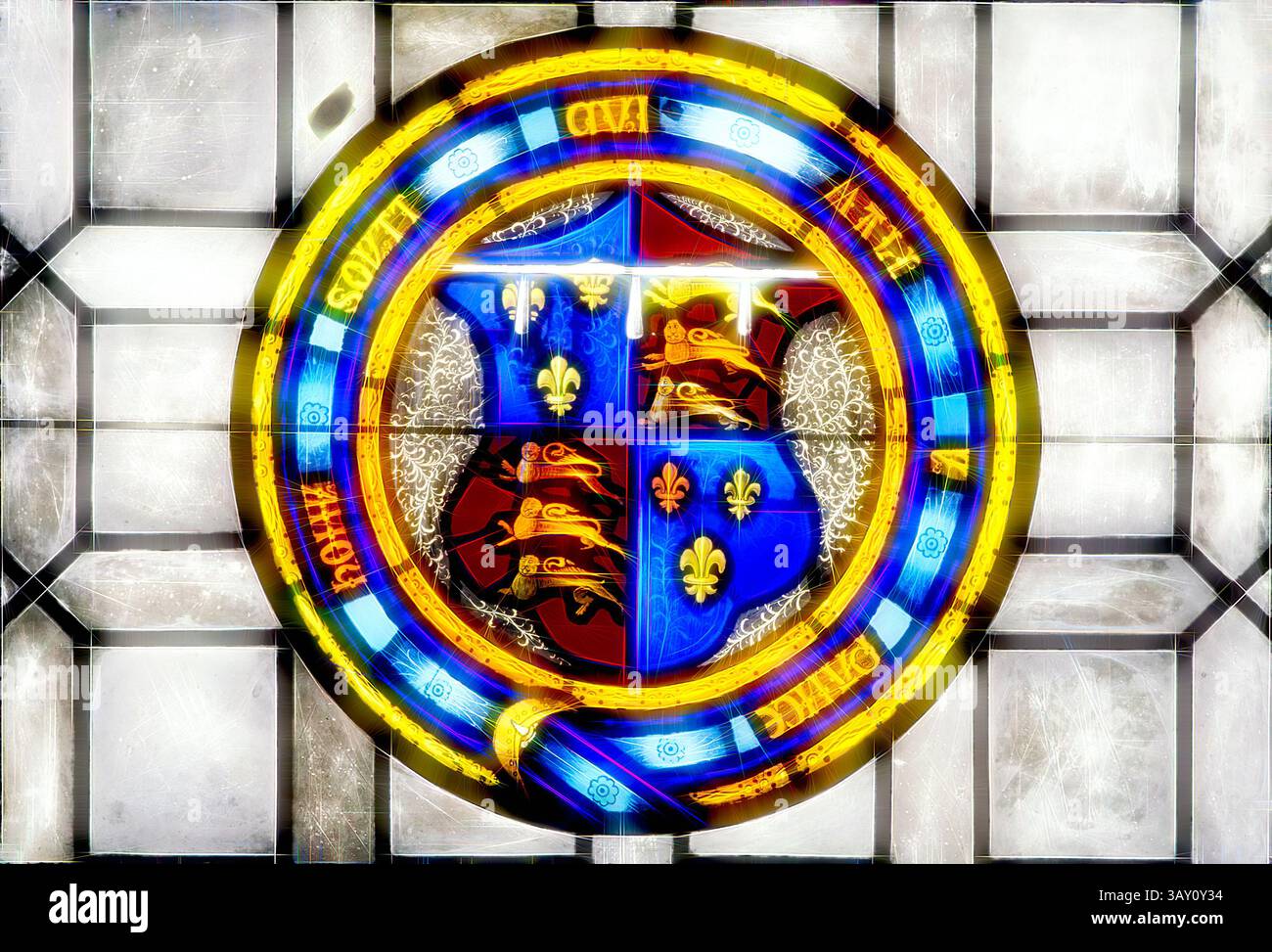 A vibrant stained glass window featuring a heraldic shield adorned with ...