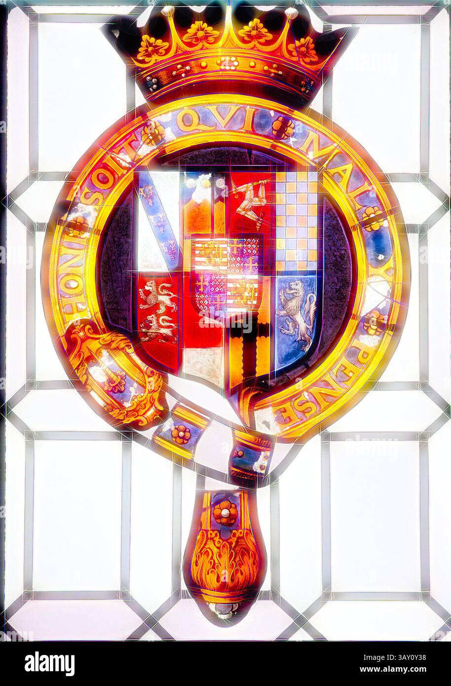 A vibrant coat of arms featuring a crown, an ornate escutcheon adorned ...