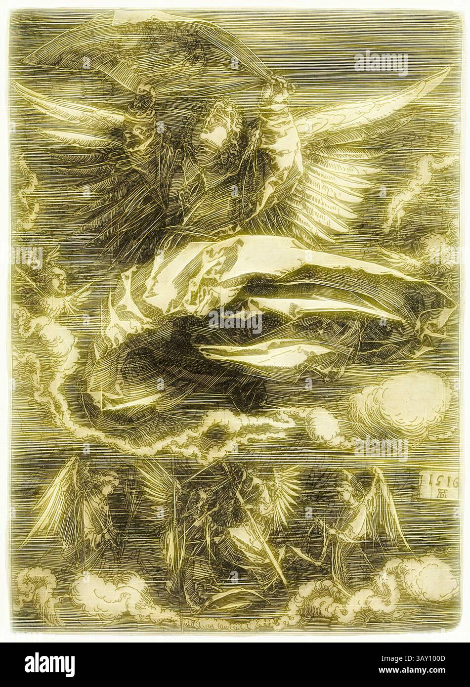 A dramatic scene featuring a powerful angel surrounded by swirling ...