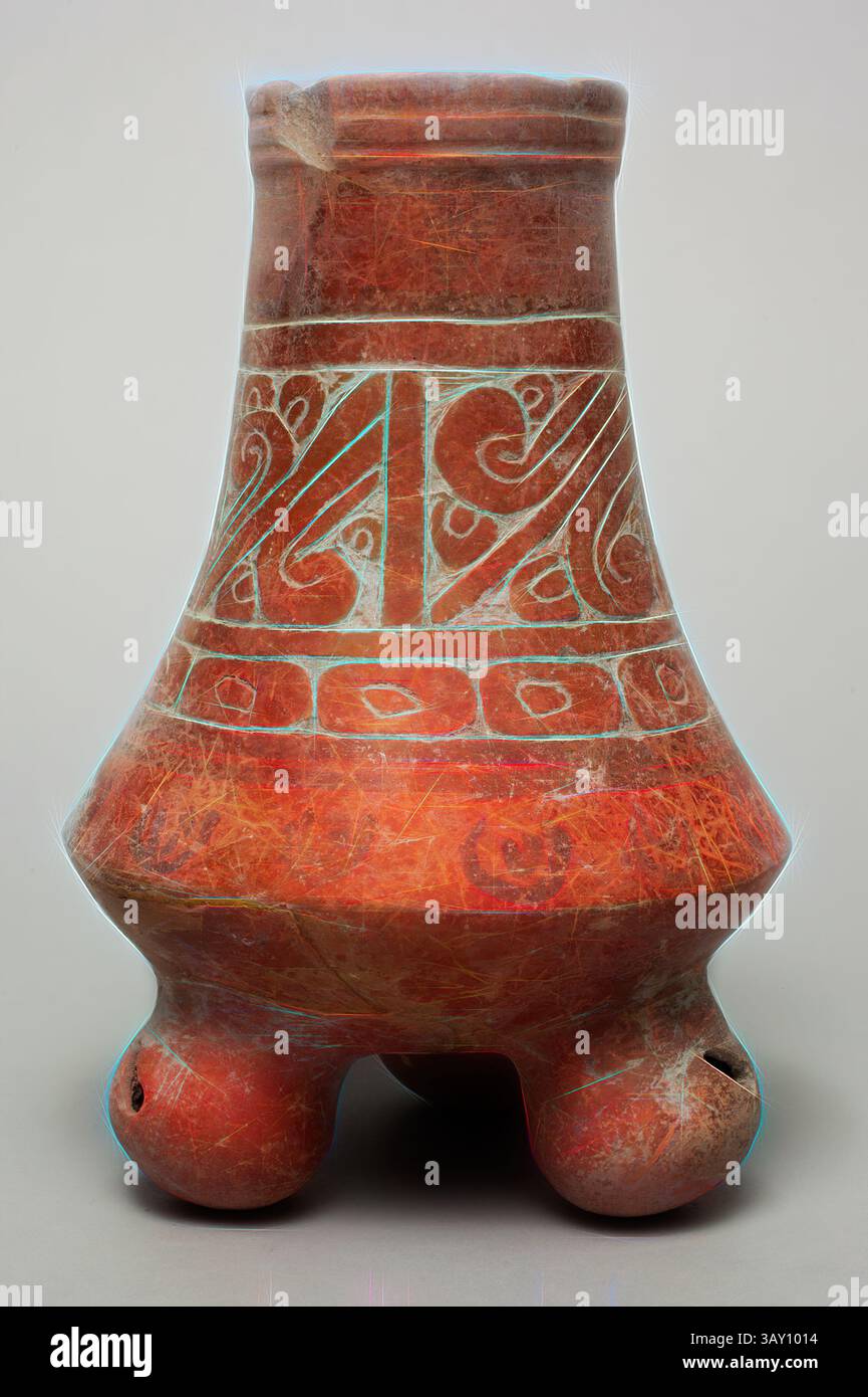 An ancient ceramic vessel featuring intricate red and black patterns ...