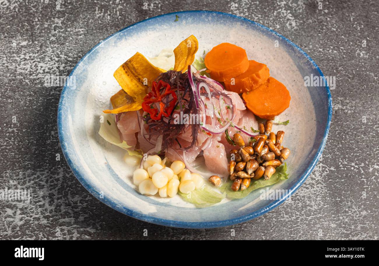 Fresh ceviche dish, a traditional peruvian recipe, served on a stylish ...