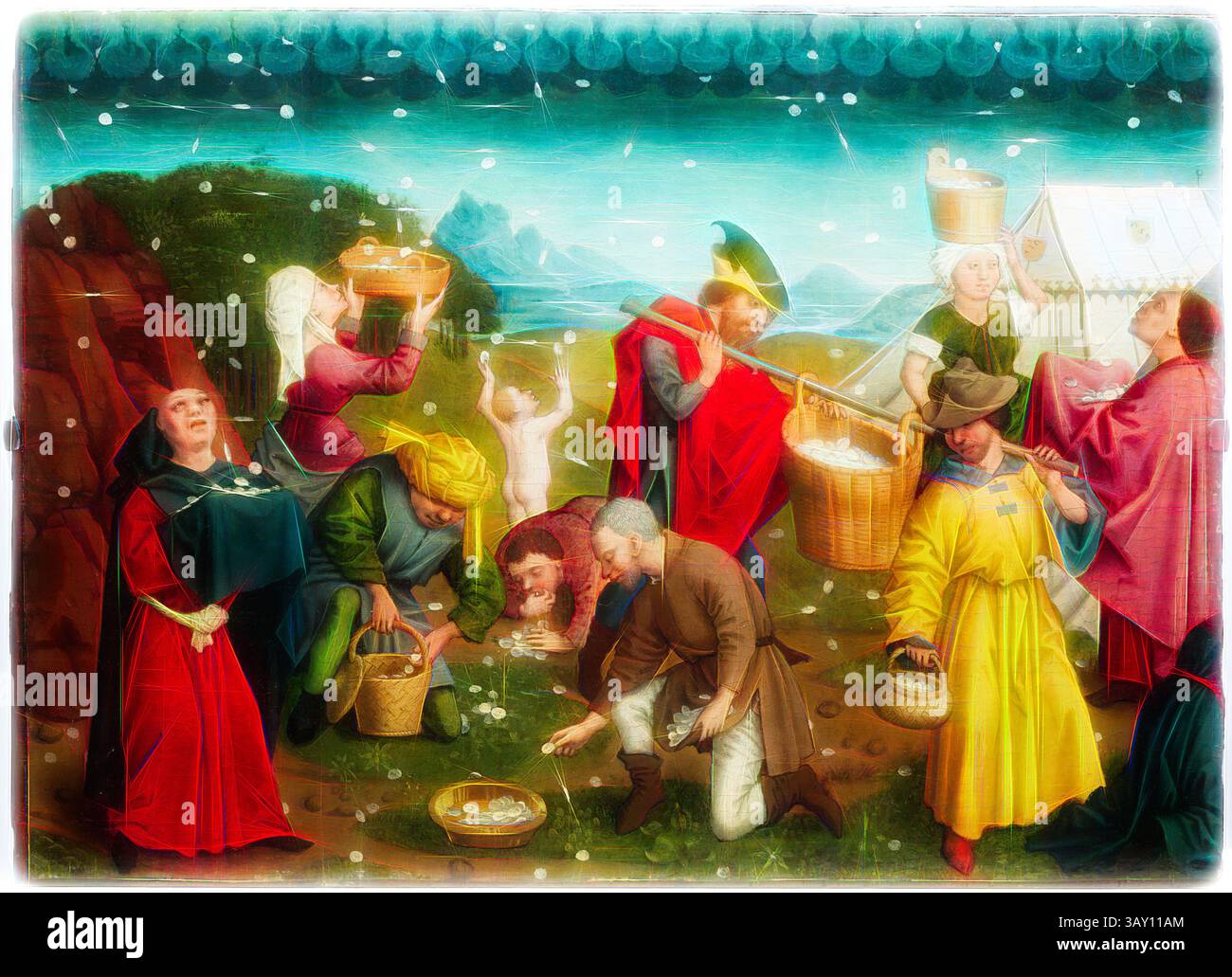 A bustling scene depicting various figures engaged in activities such ...