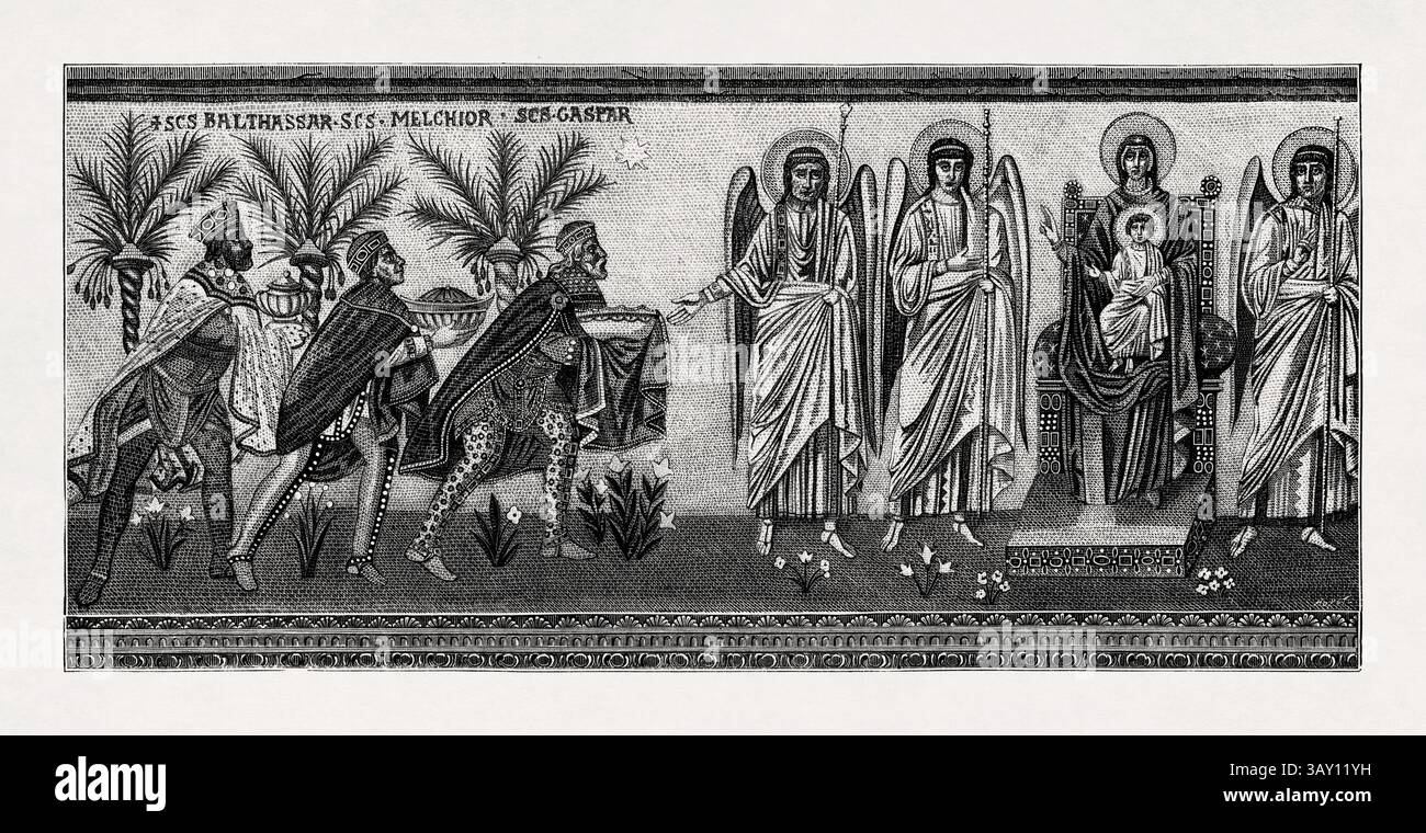 Engraving depicting the Magi (Balthasar, Melchior, and Gaspar) making ...