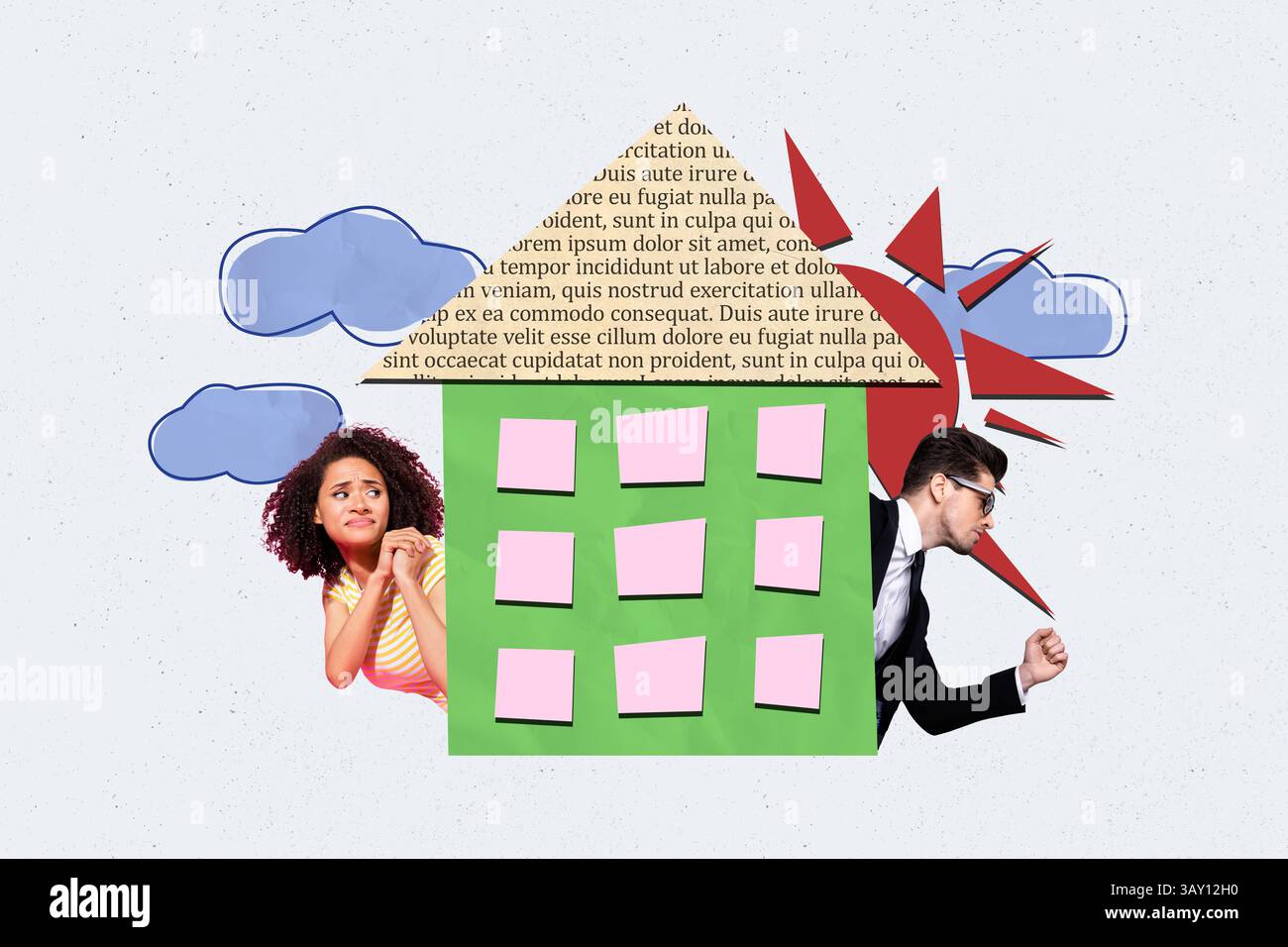 Poster surreal collage of people stand behind house on grey color ...