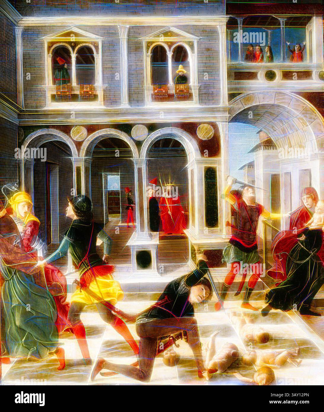 A dramatic scene unfolds in a busy architectural setting, featuring a ...