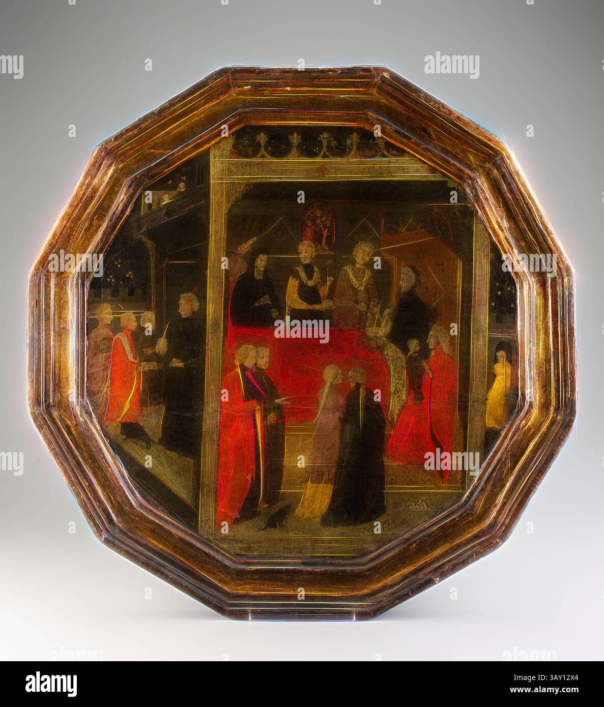 An ornate octagonal panel depicts a bustling interior scene, showcasing ...