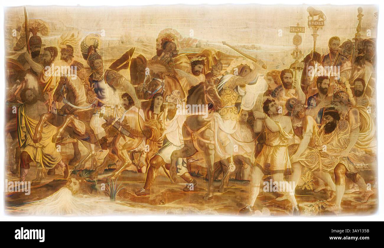 A dynamic scene depicting a historical battle, with warriors in armor ...