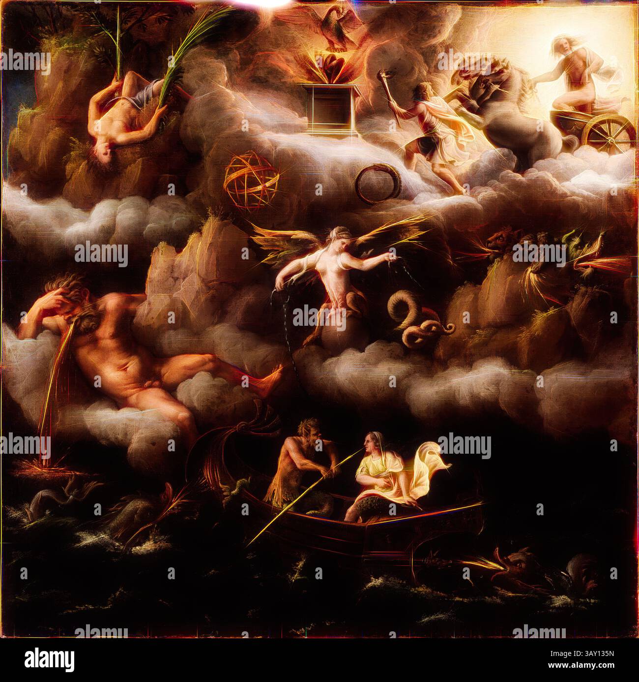 A dramatic and intricate scene filled with mythological figures and ...
