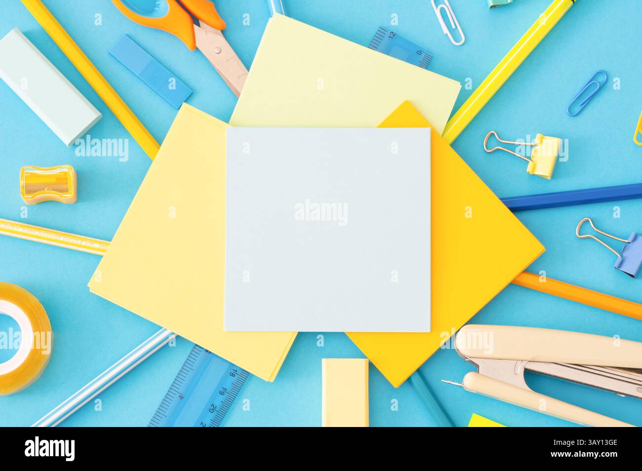 Back to school concept, school supplies and accessories on blue ...