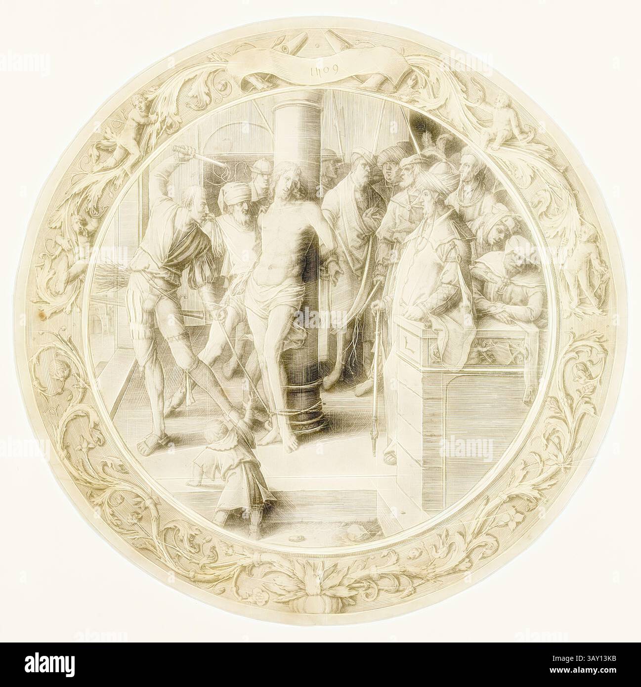 A detailed circular scene depicting a historical event, with figures ...