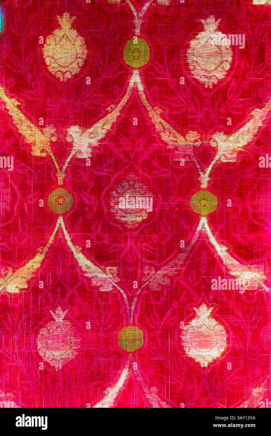 A rich tapestry features intricate floral motifs and circular designs ...