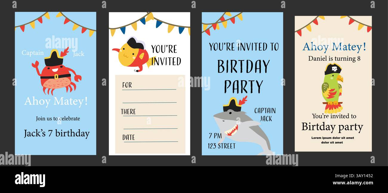 Pirate-themed birthday invitations for kids with fun characters Stock ...