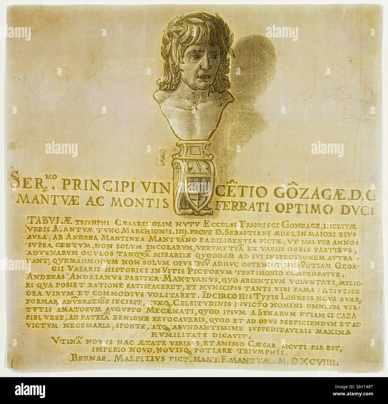 A detailed engraving featuring a bust of a historical figure ...