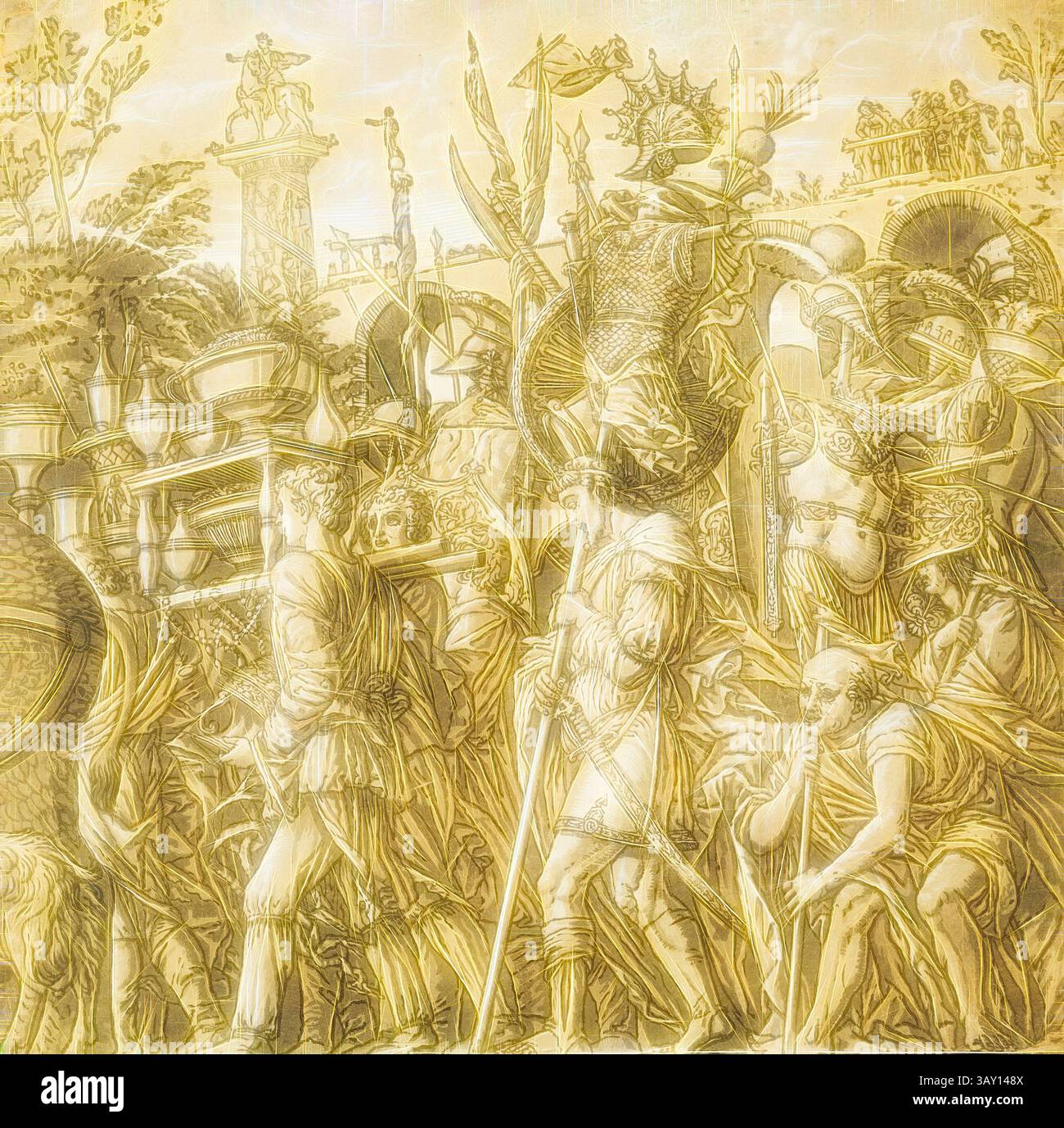 A grand procession showcases figures in elaborate attire, embodying a ...