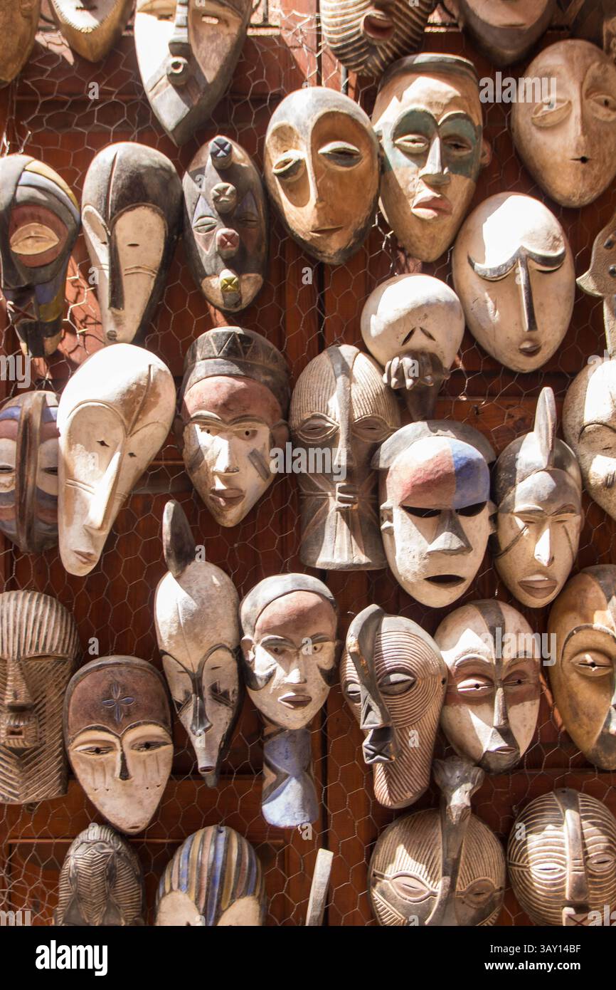 wooden traditional masks sold in the Medina of Marrakech, Morocco Stock ...